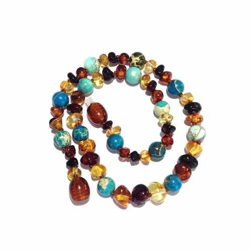 Child Autumn Rain Blue Jasper Rainbow Mixed Baltic Amber Necklace